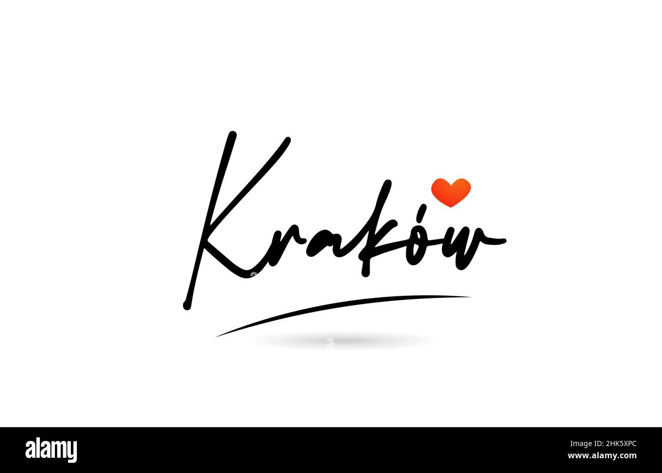 Kraków city text with red love heart design. Typography handwritten ...