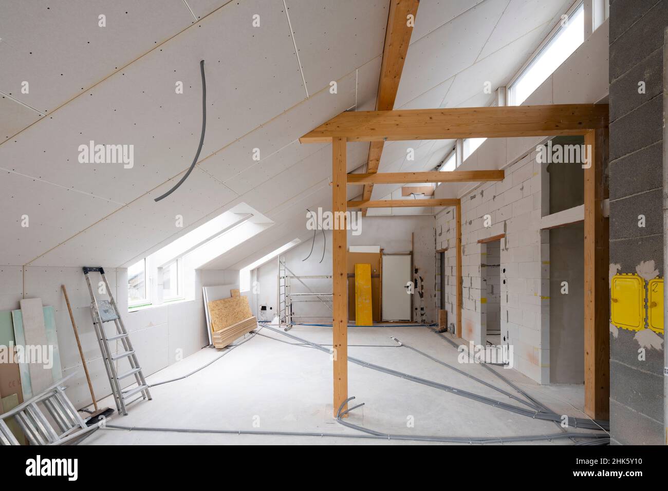bright, friendly, modern loft construction site drywall without people ...