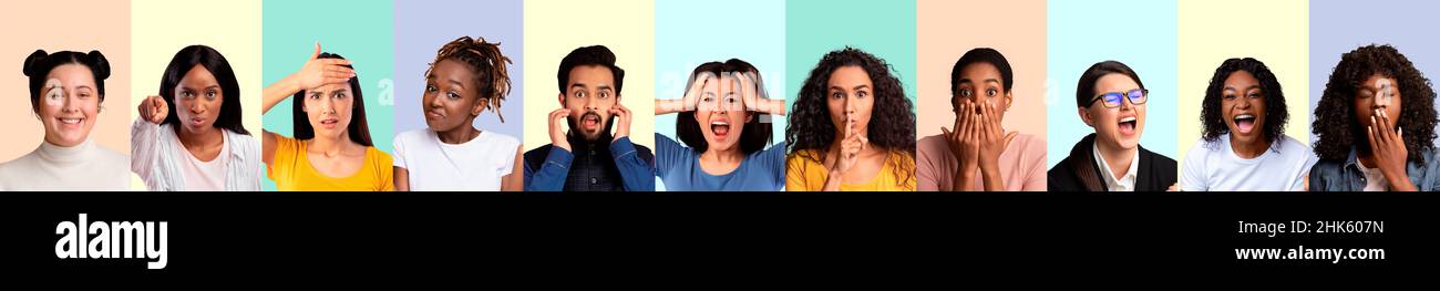 Multiracial millennials posing on colorful backgrounds, set of ...