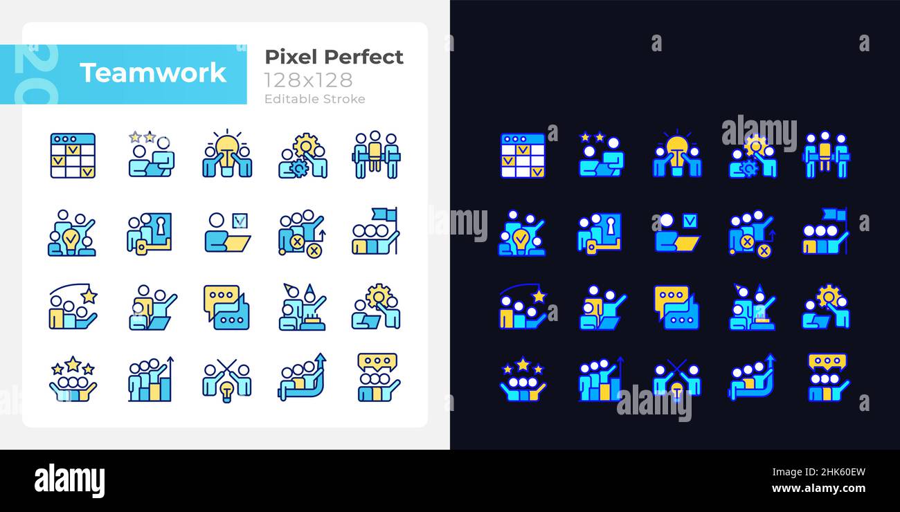 Teamwork pixel perfect light and dark theme color icons set Stock ...