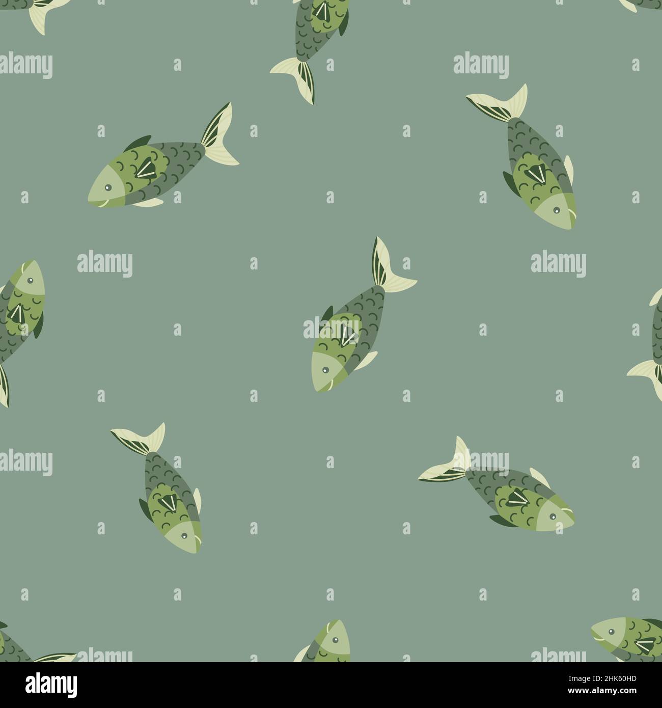 Seamless pattern fish on pastel green background. Modern ornament with ...