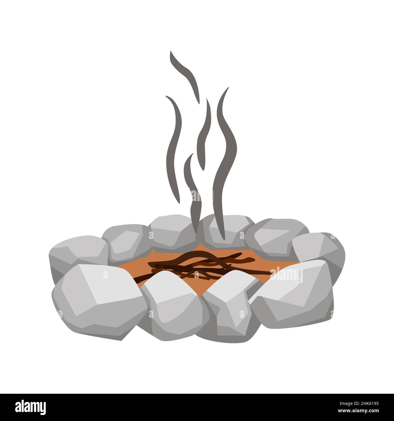 Burn out campfire between stone isolated on white background. Hiking ...