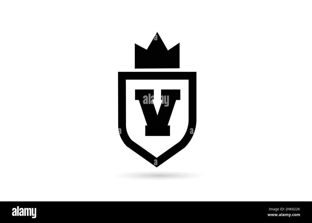 black and white V alphabet letter logo icon with shield and king crown ...