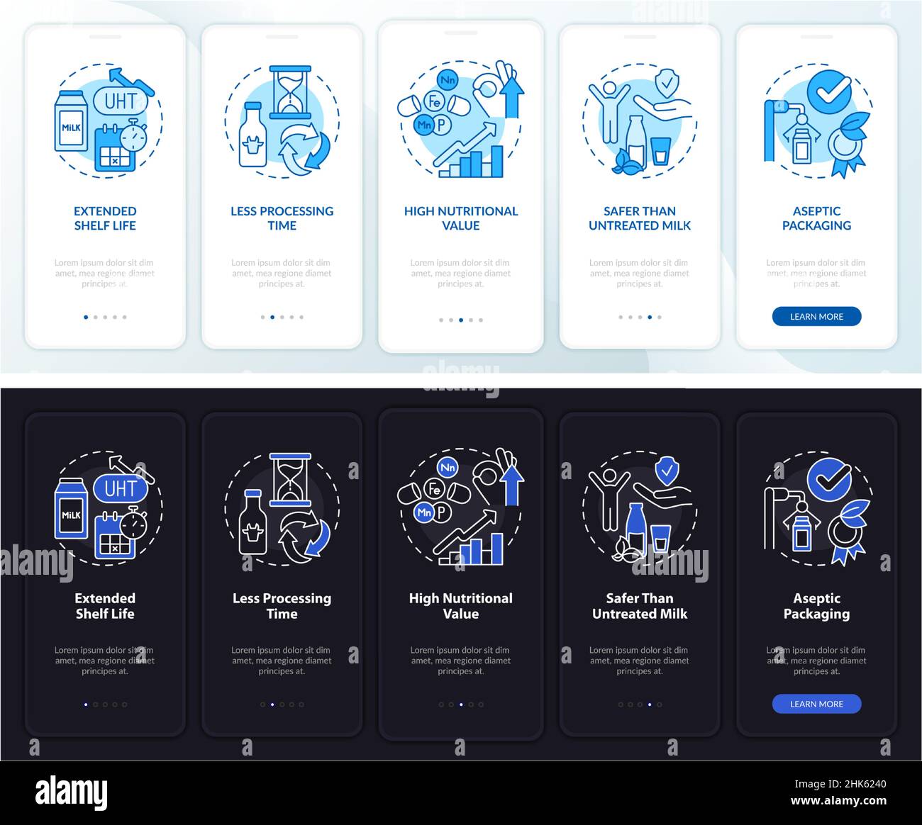 Advantages Of Uht Milk Night And Day Mode Onboarding Mobile App Screen Stock Vector Image And Art