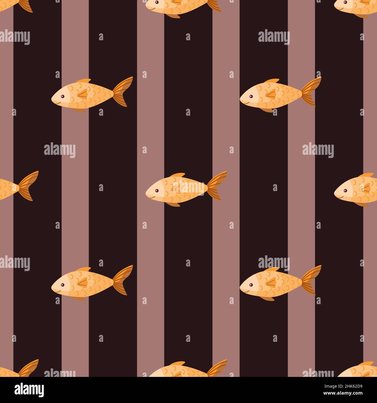 Seamless pattern fish on stripes brown background. Modern ornament with ...