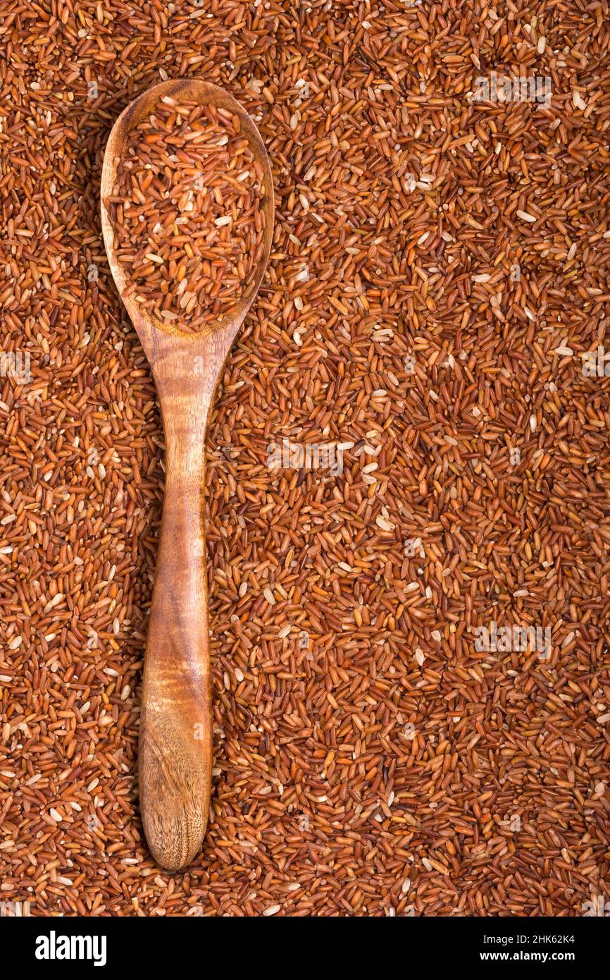 whole grain dark brown rice with a wooden spoon, also called purple ...
