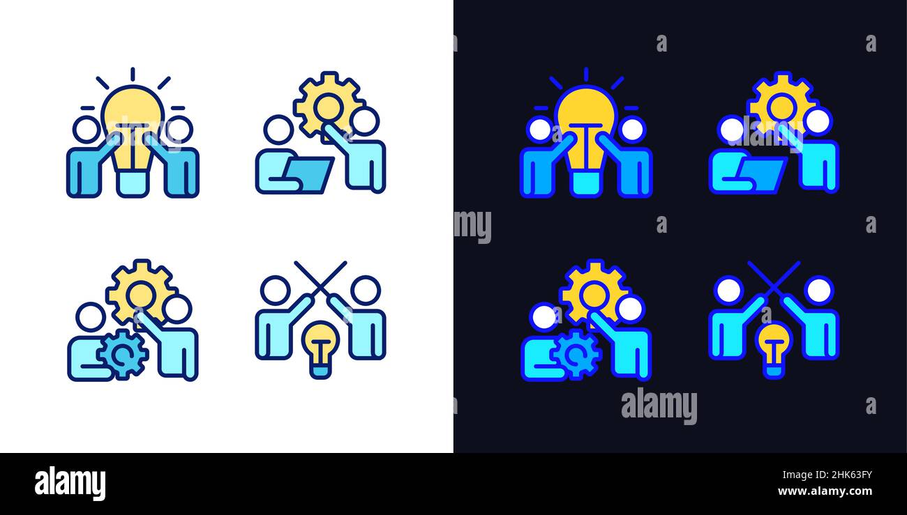 Successful teamwork pixel perfect light and dark theme color icons set ...