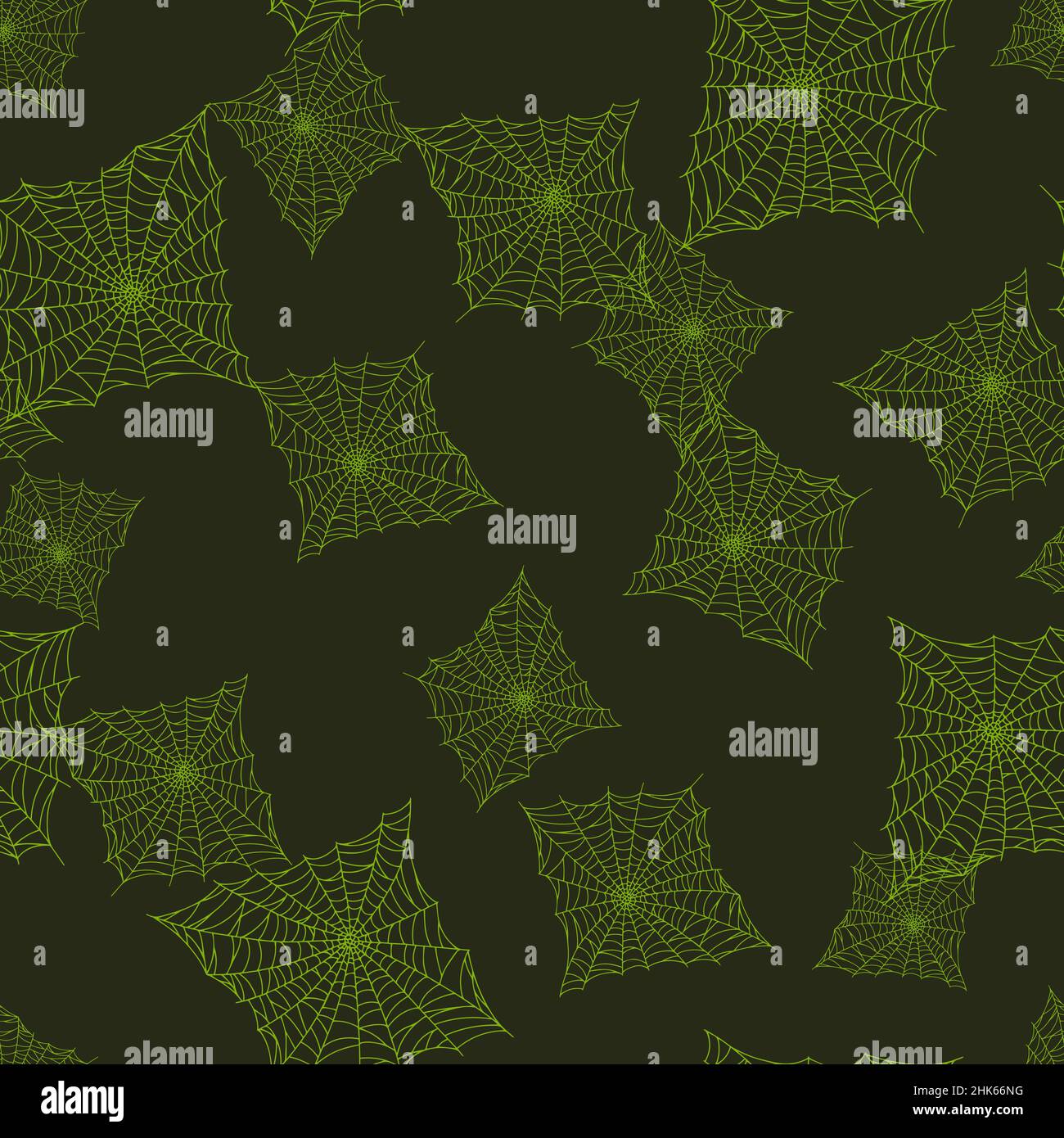 Seamless pattern spider web isolated on green background. Outline spooky cobwebs template for ...