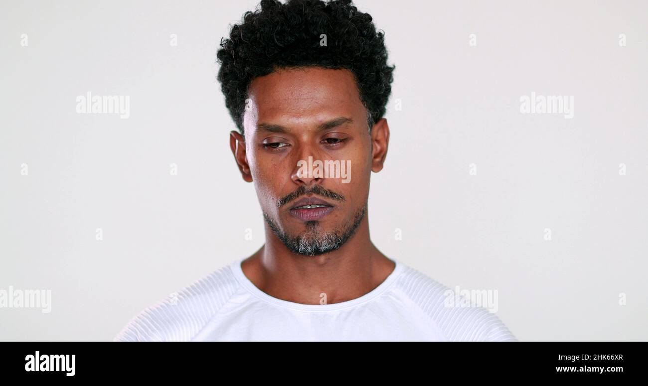 African American feeling stressed emotion, black man taking deep breath ...