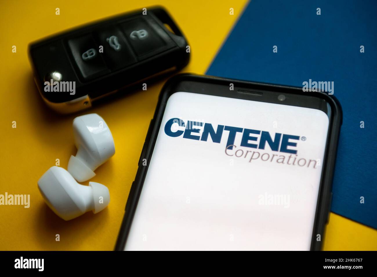 In this photo illustration a Centene Corporation logo seen displayed on ...