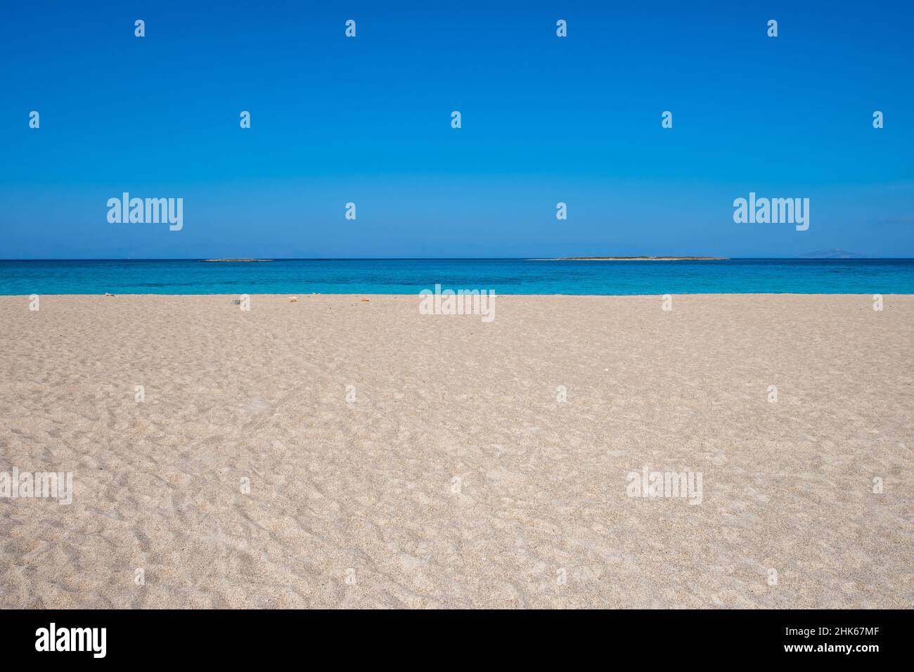 Sandy beach, Elafonisos, Greek island, Greece. White sand, sea water ...