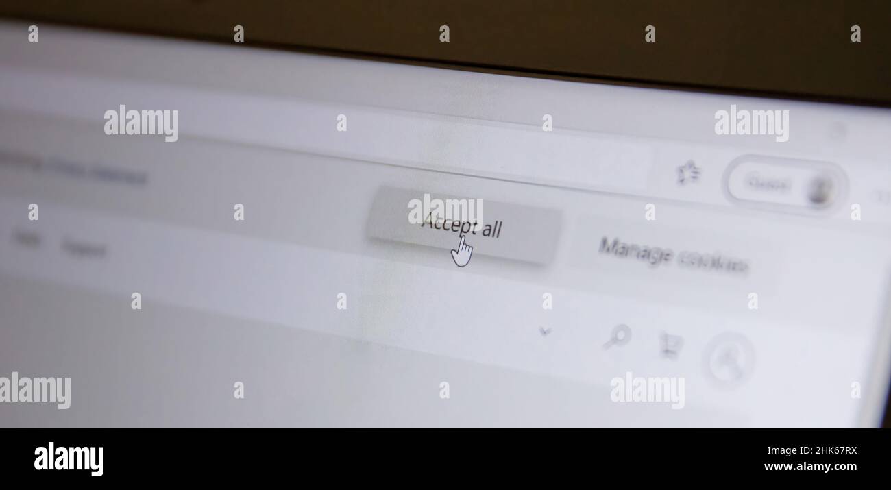 Accept all cookies, message on a computer laptop screen, closeup view ...