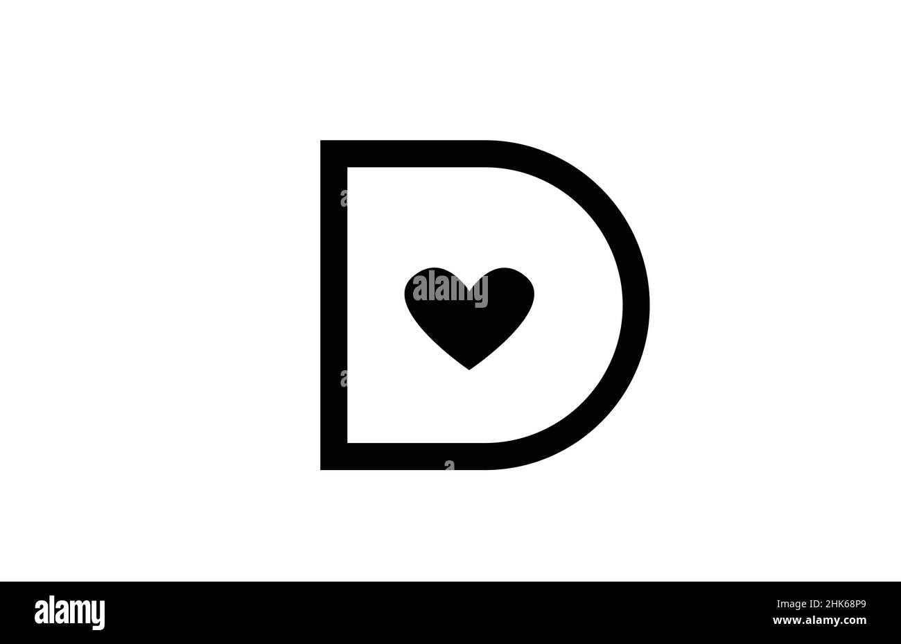 D love heart alphabet letter logo icon with black and white color and ...