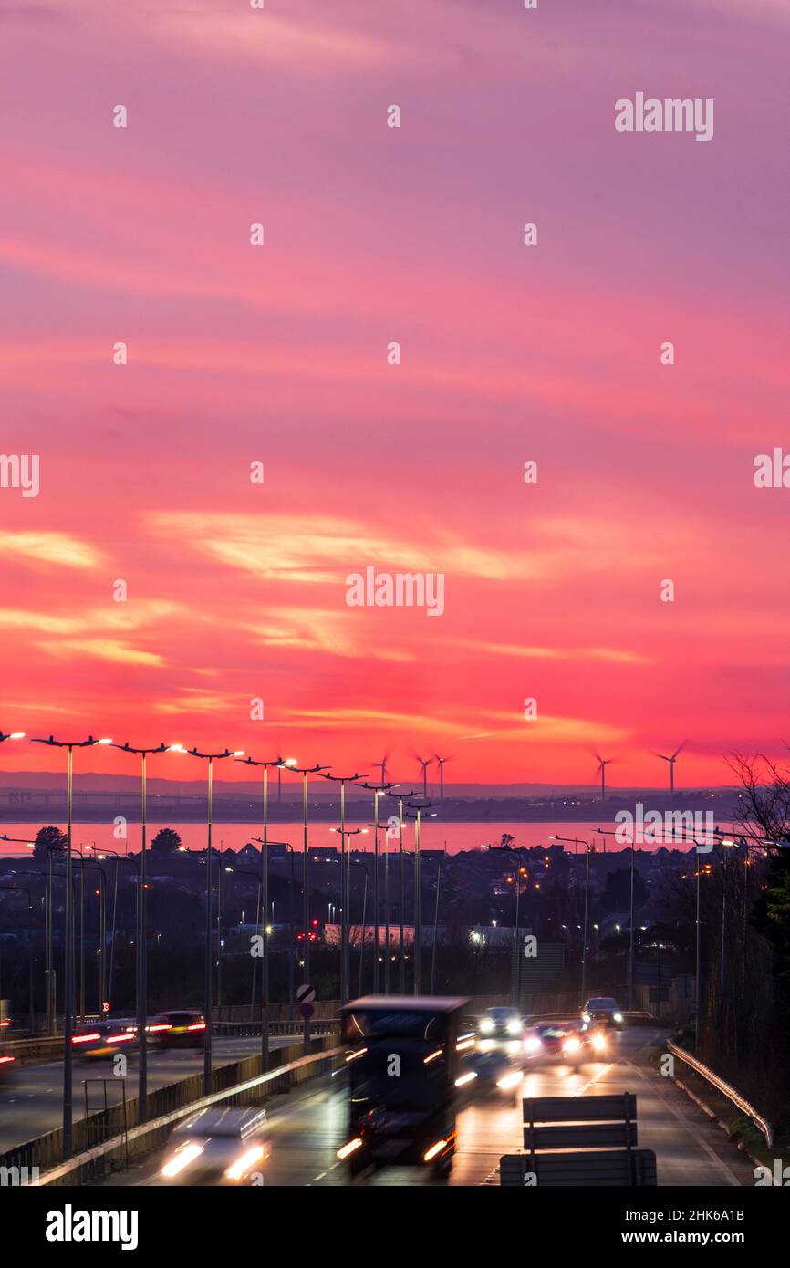 Dramatic evening red sky after sunset over the Thanet Way, A299, a dual ...