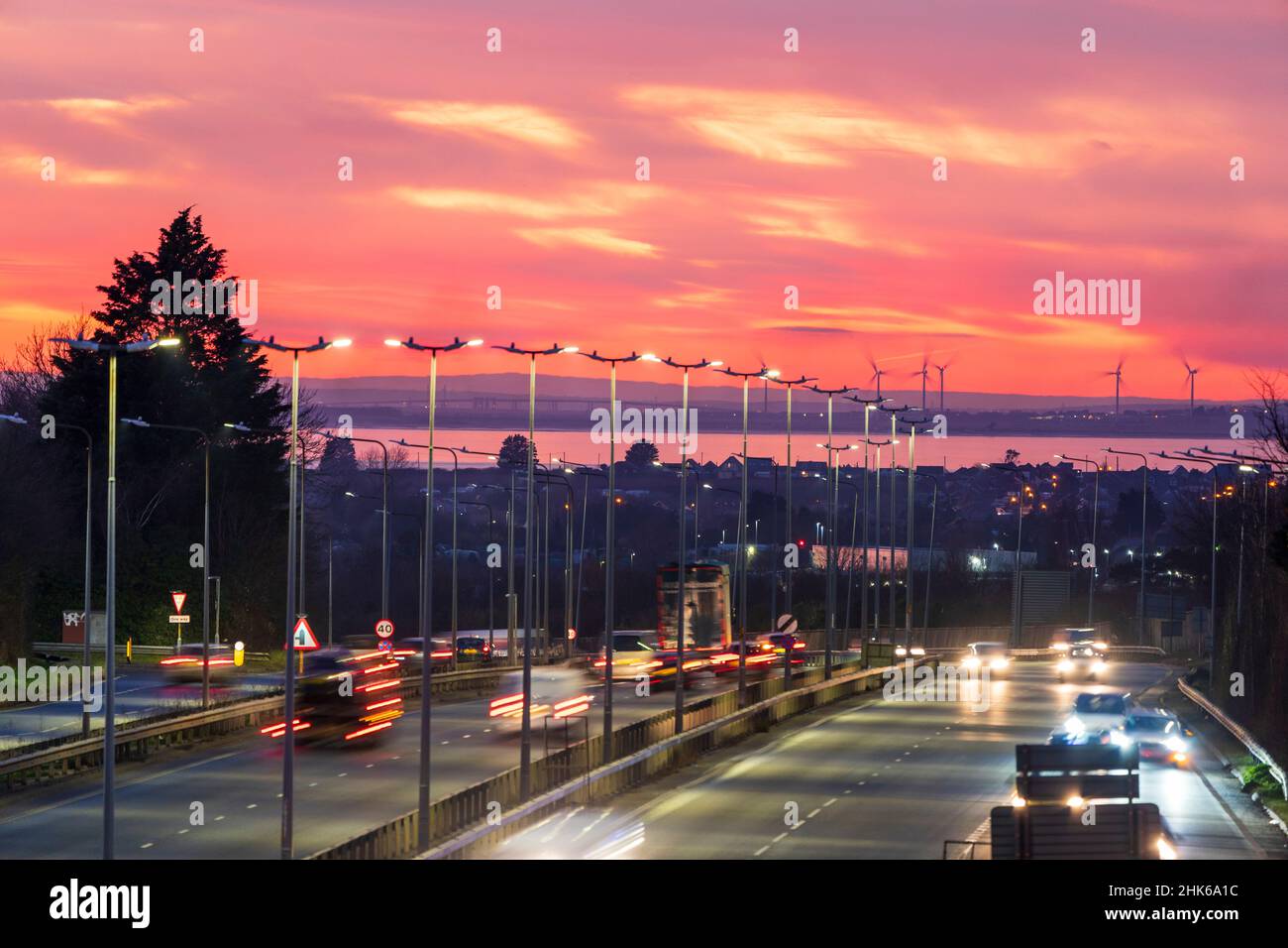 Dramatic evening red sky after sunset over the Thanet Way, A299, a dual ...