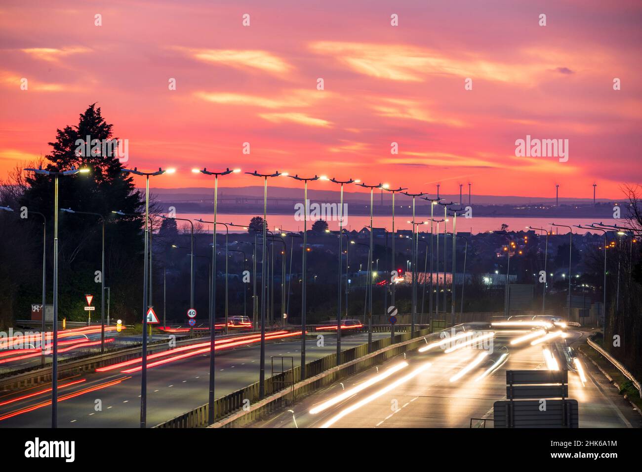 Dramatic evening red sky after sunset over the Thanet Way, A299, a dual ...
