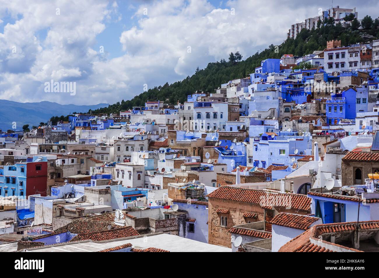 high angle view of Chefchaouen town's buildings painted in blue and ...