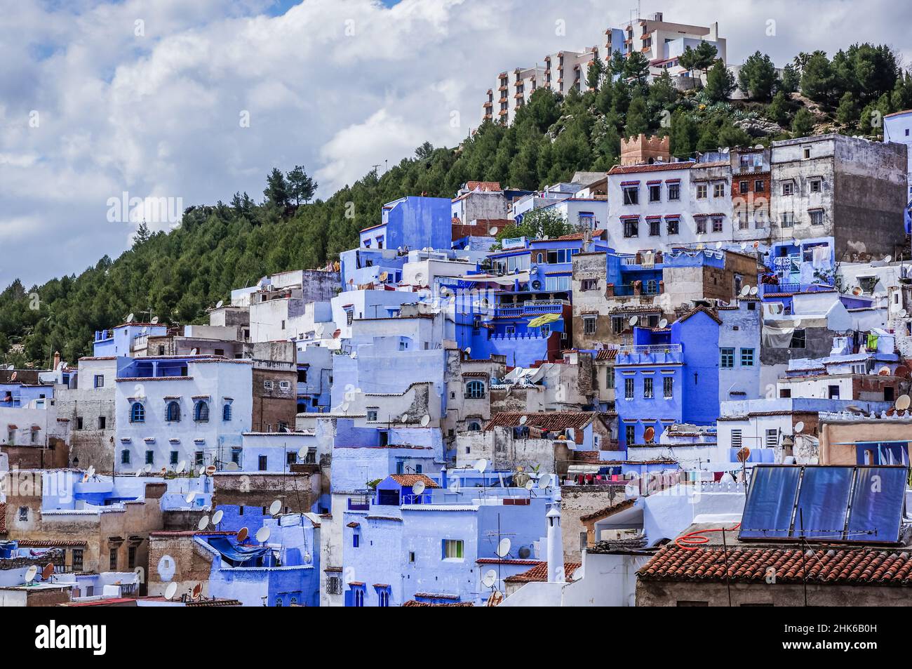 high angle view of Chefchaouen town's buildings painted in blue and ...