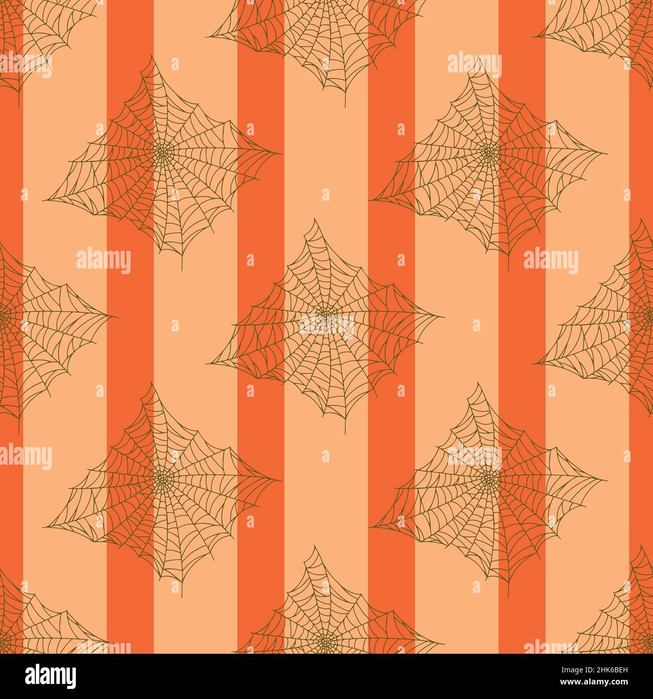 Seamless pattern spider web isolated on orange striped background. Outline spooky cobwebs ...