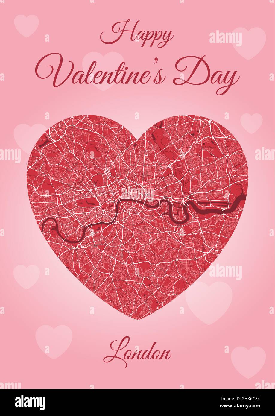 Happy Valentine's day holiday card with London map in heart shape ...