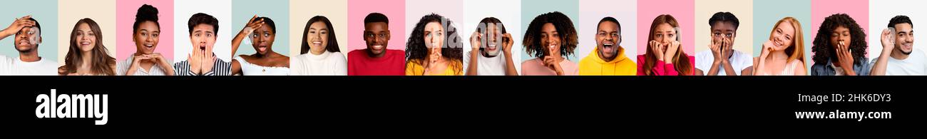 Beautiful millennials showing diverse emotions on colorful backgrounds ...