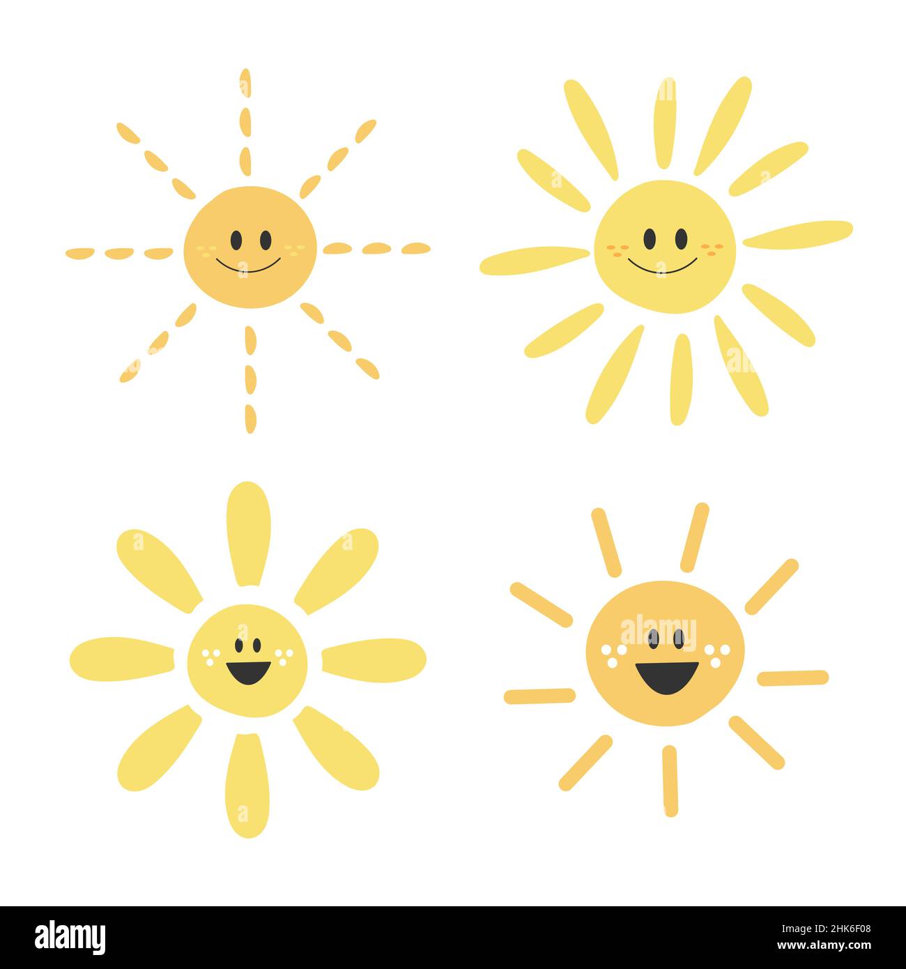Cute funny Sun characters. Vector hand drawn cartoon sun isolated on ...
