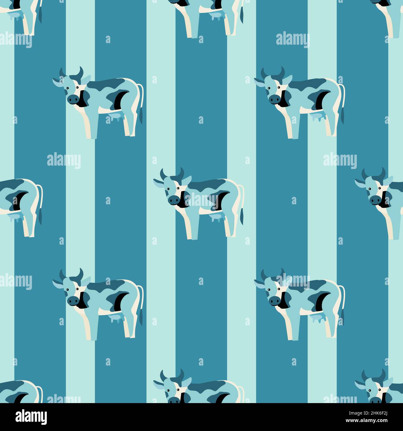 Seamless pattern cow on striped blue background. Texture of farm ...