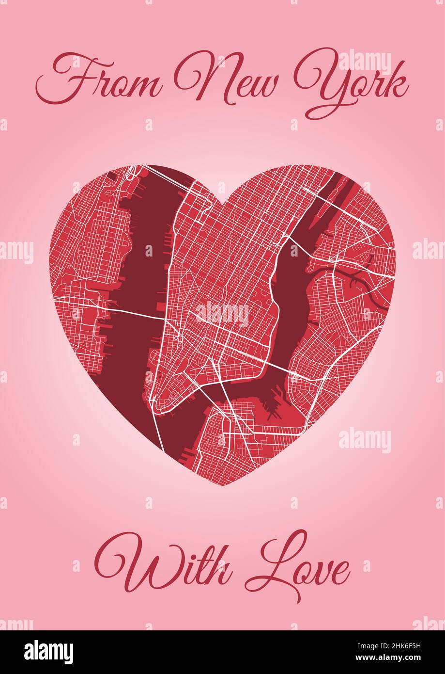 From New York City with love card, city map in heart shape. Vertical A4 ...