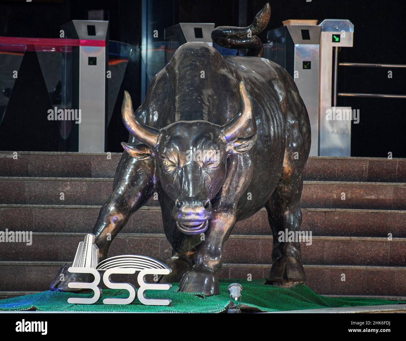 Mumbai, India. 01st Feb, 2022. Statue of a bull is seen at the entrance ...