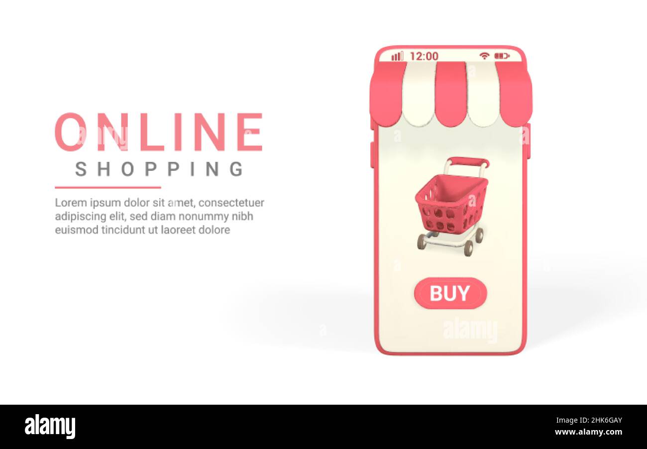 Online shopping concept. Realistic 3d mobilephone with red shopping ...
