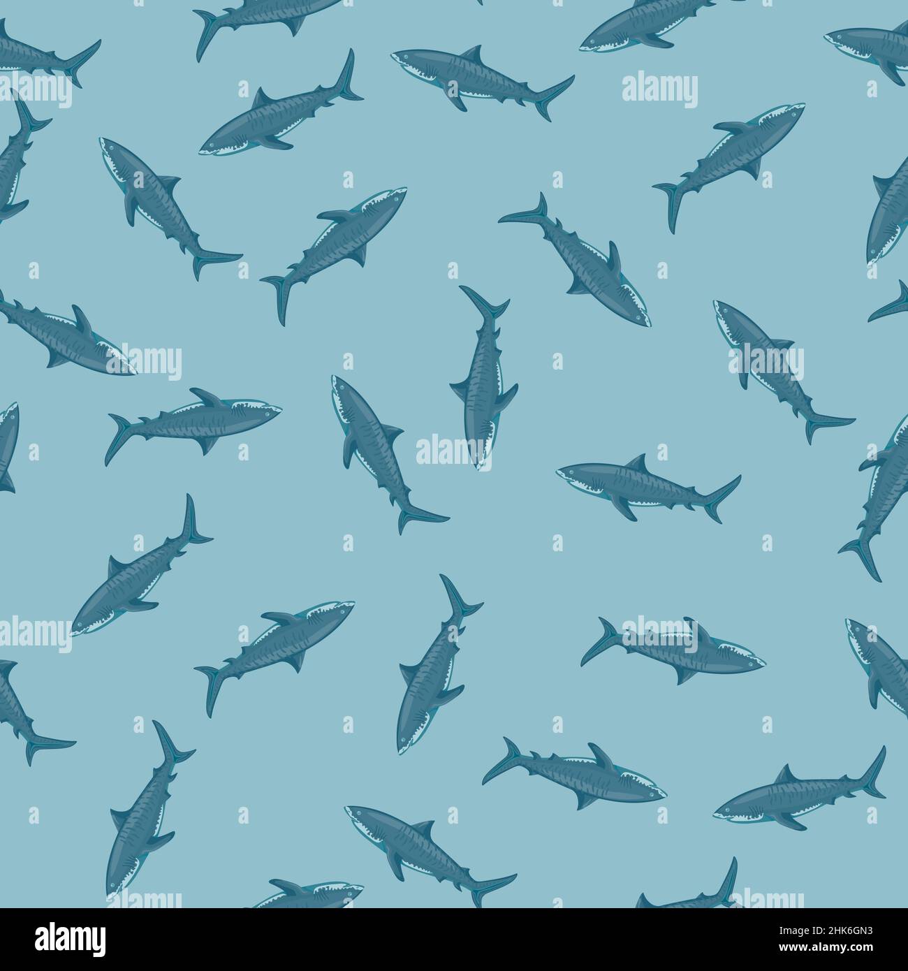 Seamless pattern Tiger shark pastel blue background. Gray textured of ...
