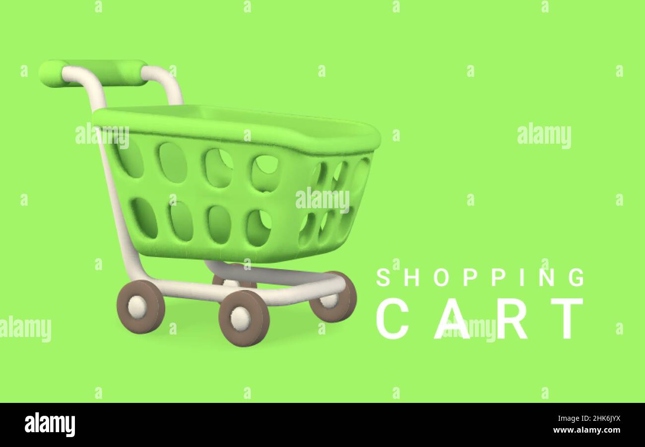 3d empty green shopping cart on a green background. Shopping concept ...