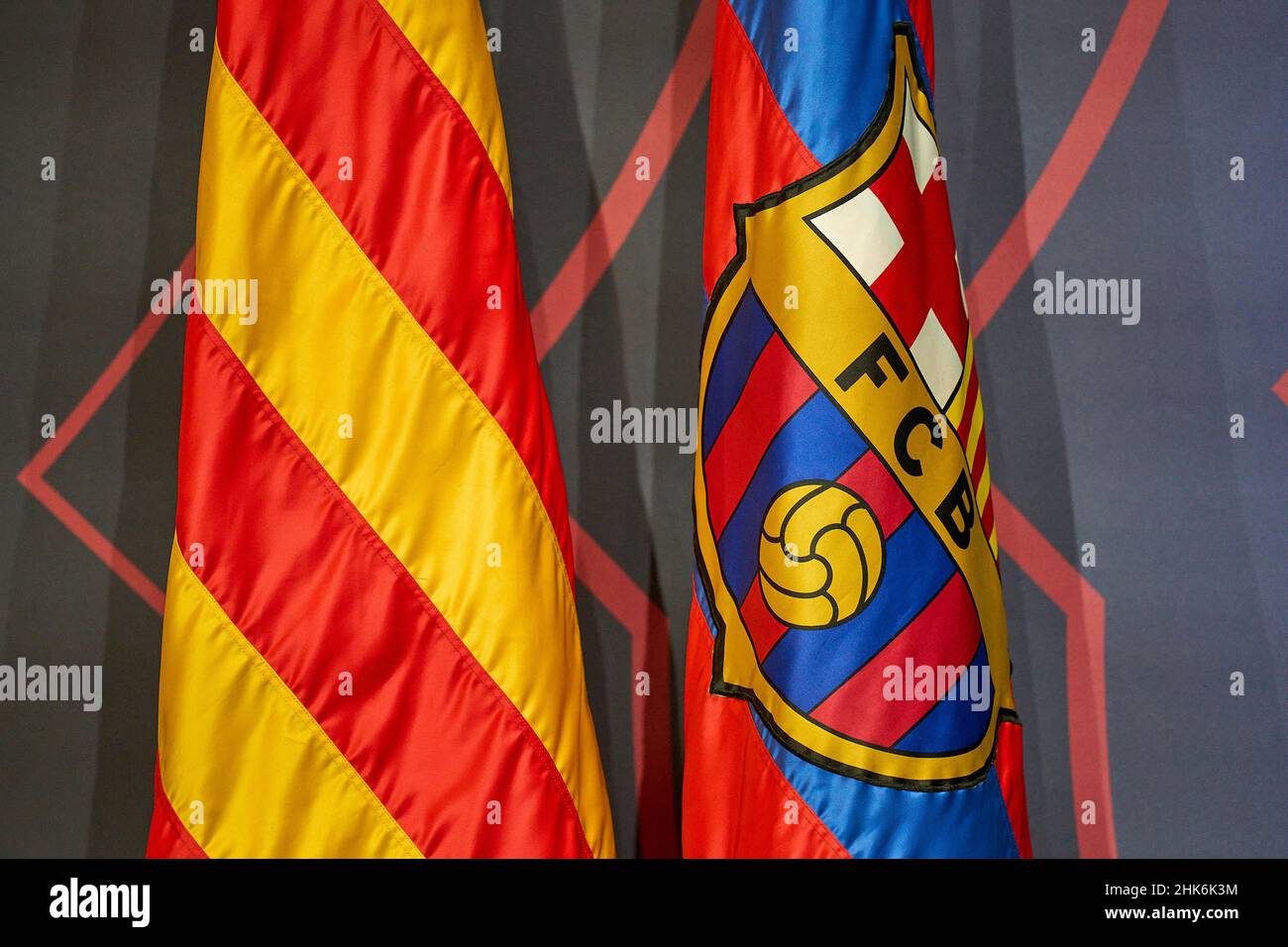 FC Barcelona and Catalonia flags during the Adama Traore presentation ...