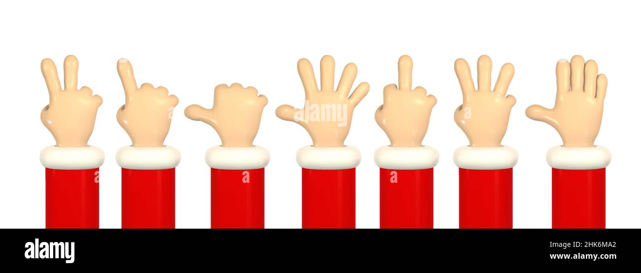 Cartoon character hand shows finger gestures. 3d render santa hands ...