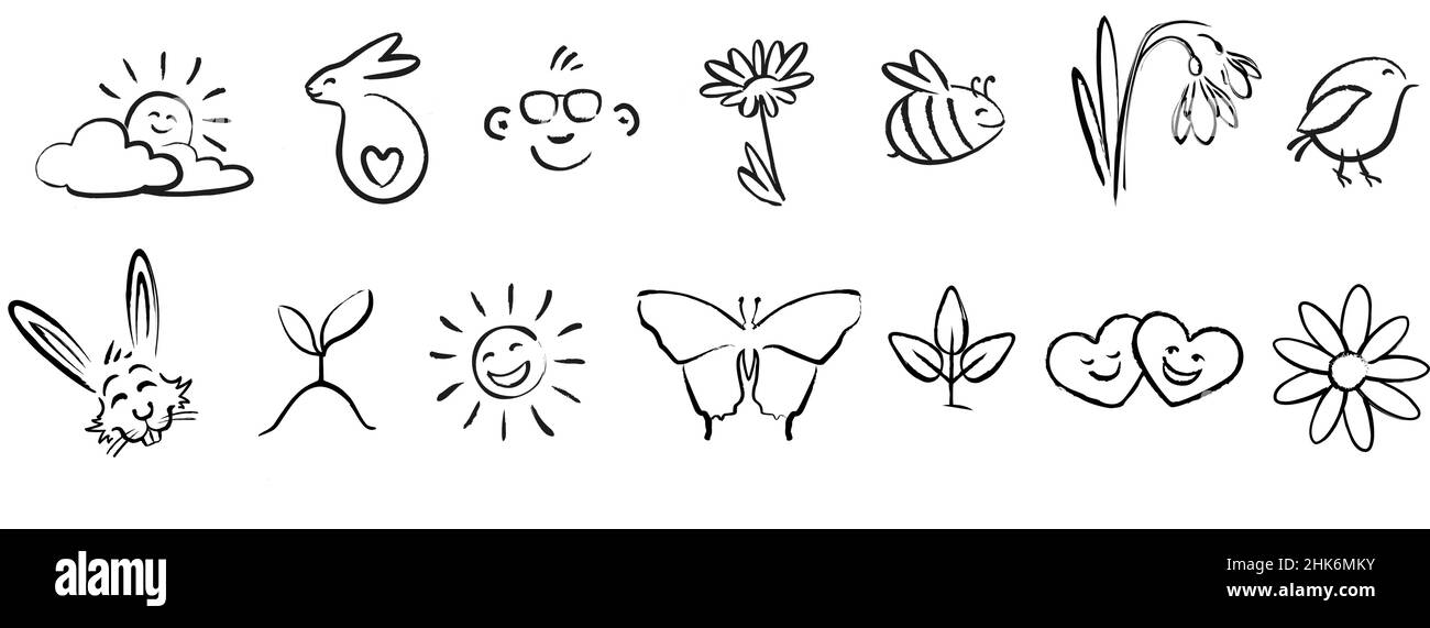 Collection of cute hand drawn spring cartoon icons Stock Vector Image ...