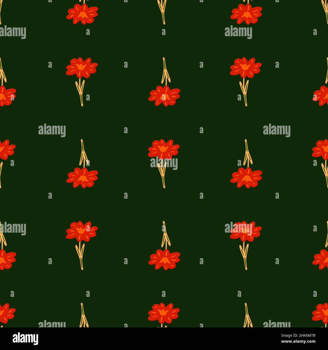 Seamless pattern with hand drawing wild flowers on dark green ...