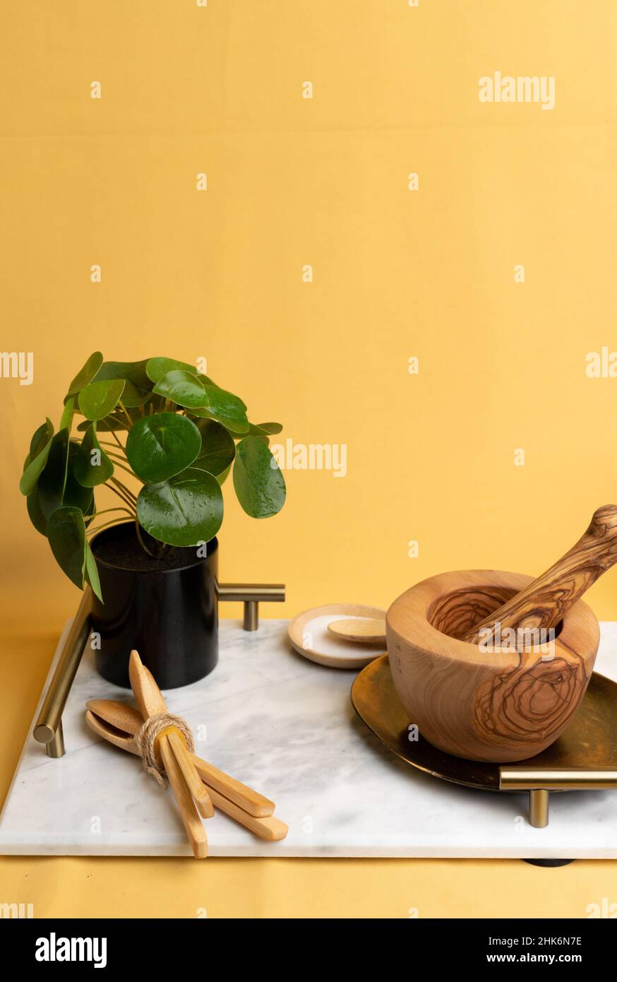 Bright at home spa feeling, yellow background, indoors. Vertical Image ...