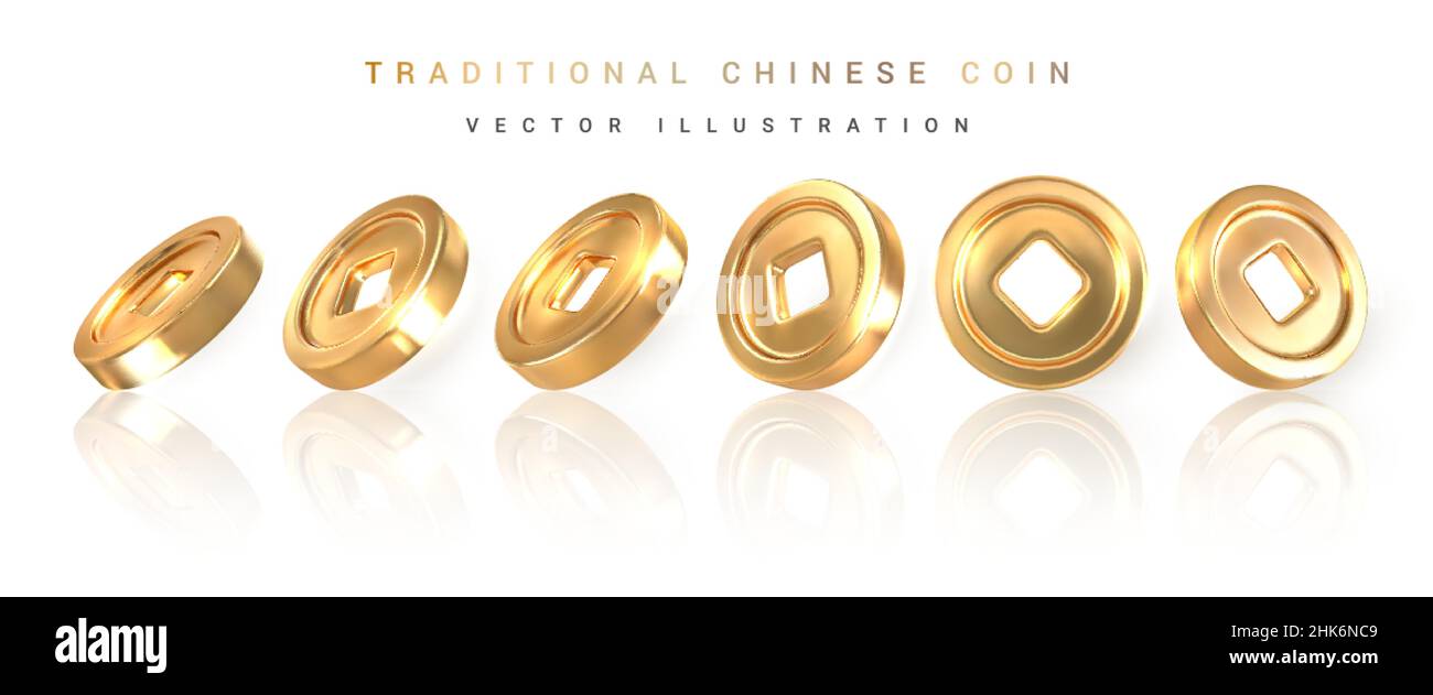 3d Traditional Chinese gold coin with square hole. Asian traditional elements. Vector ...