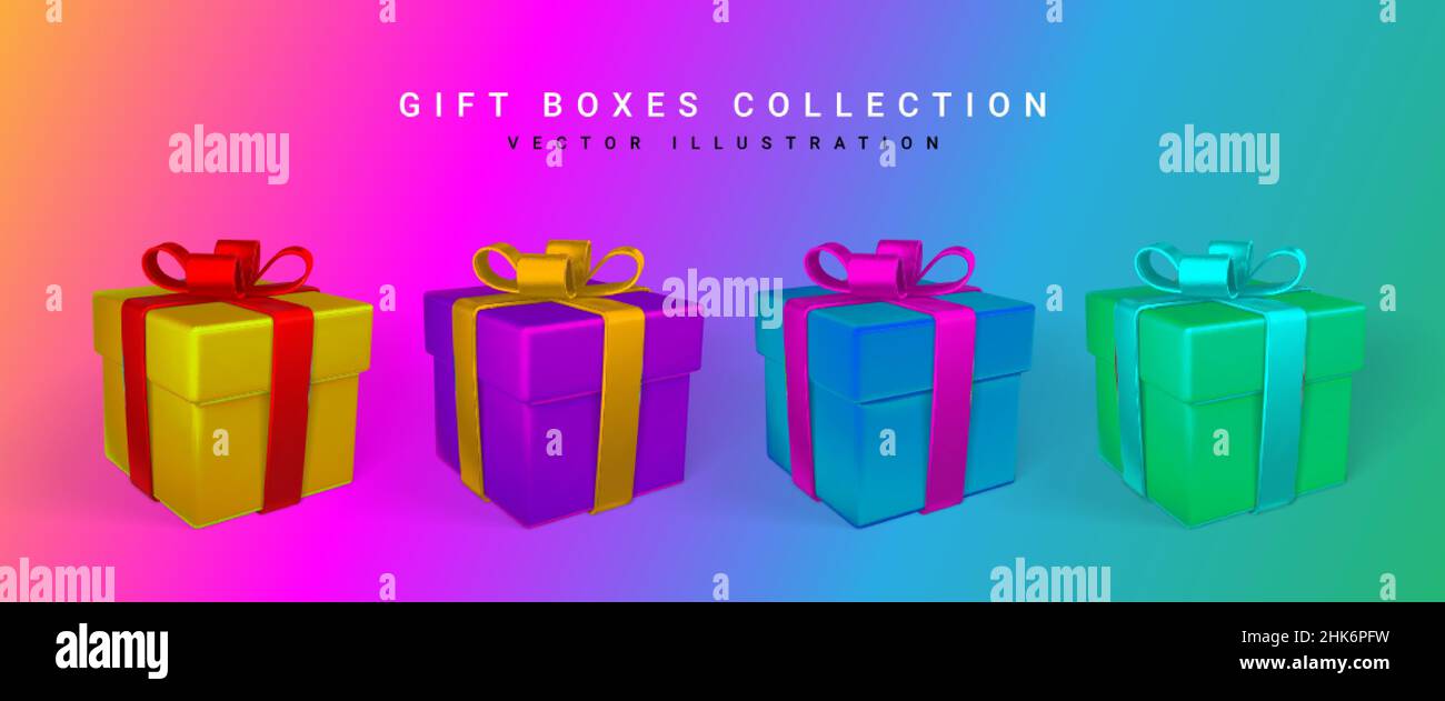 3D render and draw by mesh realistic gift box with bow. Paper box with ...