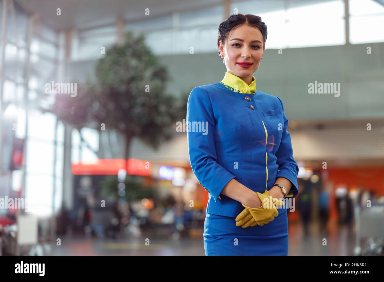 Woman flight attendant standing in airport terminal Stock Photo - Alamy