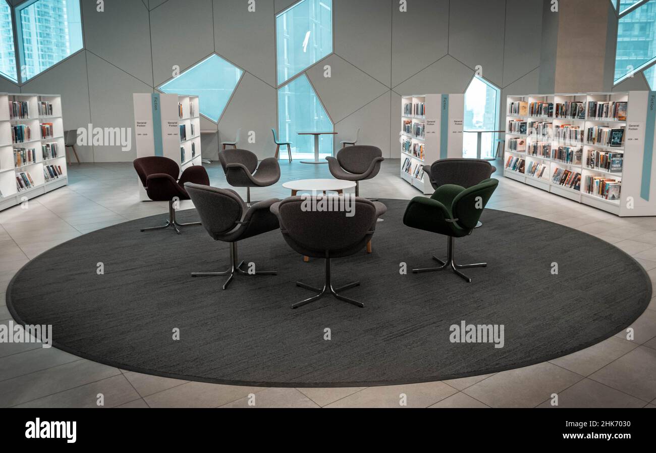 Office and studying collection, inside Calgary public library Stock ...