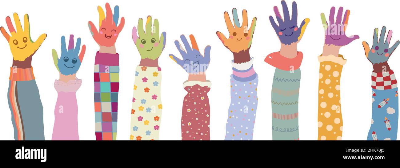 Group of painted hands of joyful happy multicultural kids and baby ...