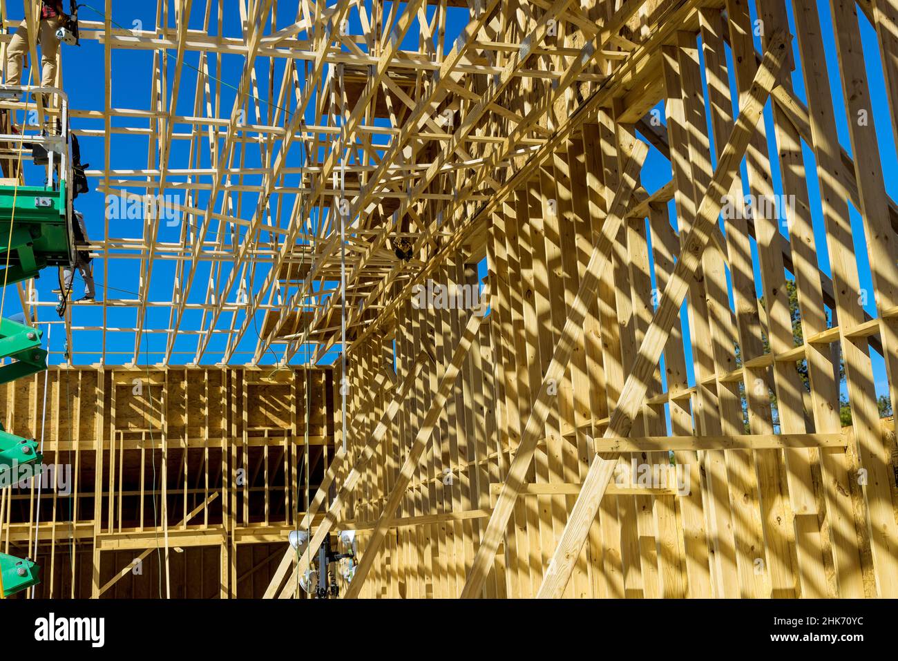 Aerial view the building construction wood framing beams of a new house under construction Stock ...