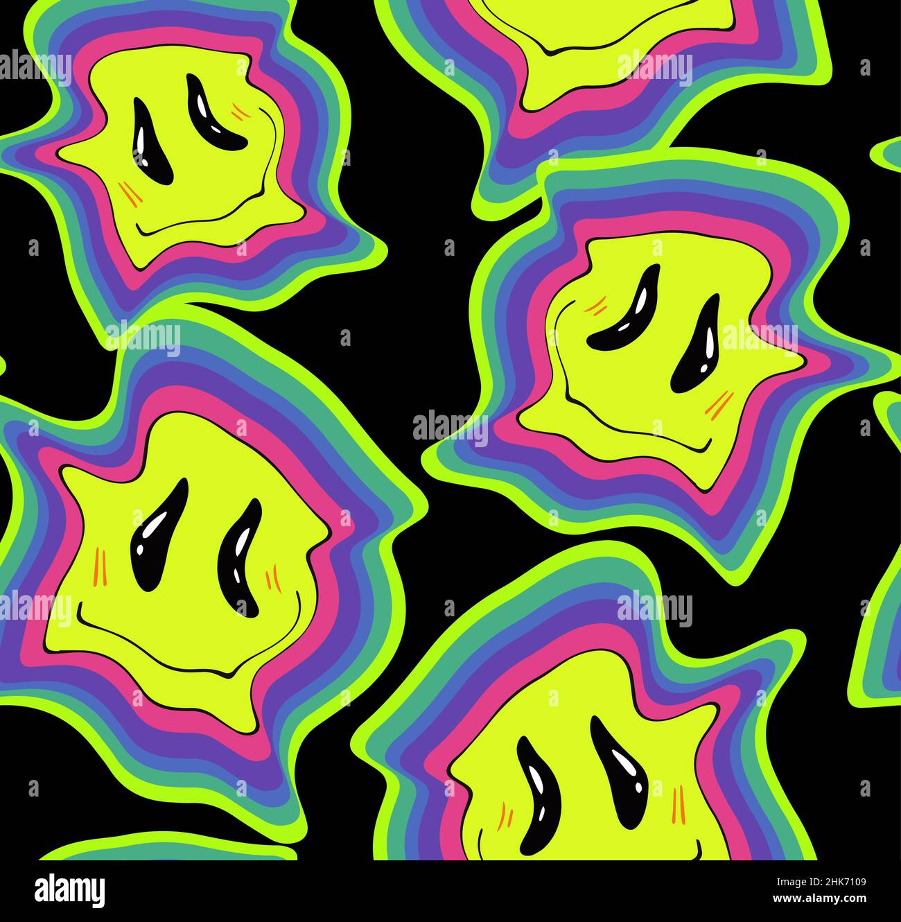 Funny crazy melt smile smiley faces, seamless pattern. Hippie groovy ...