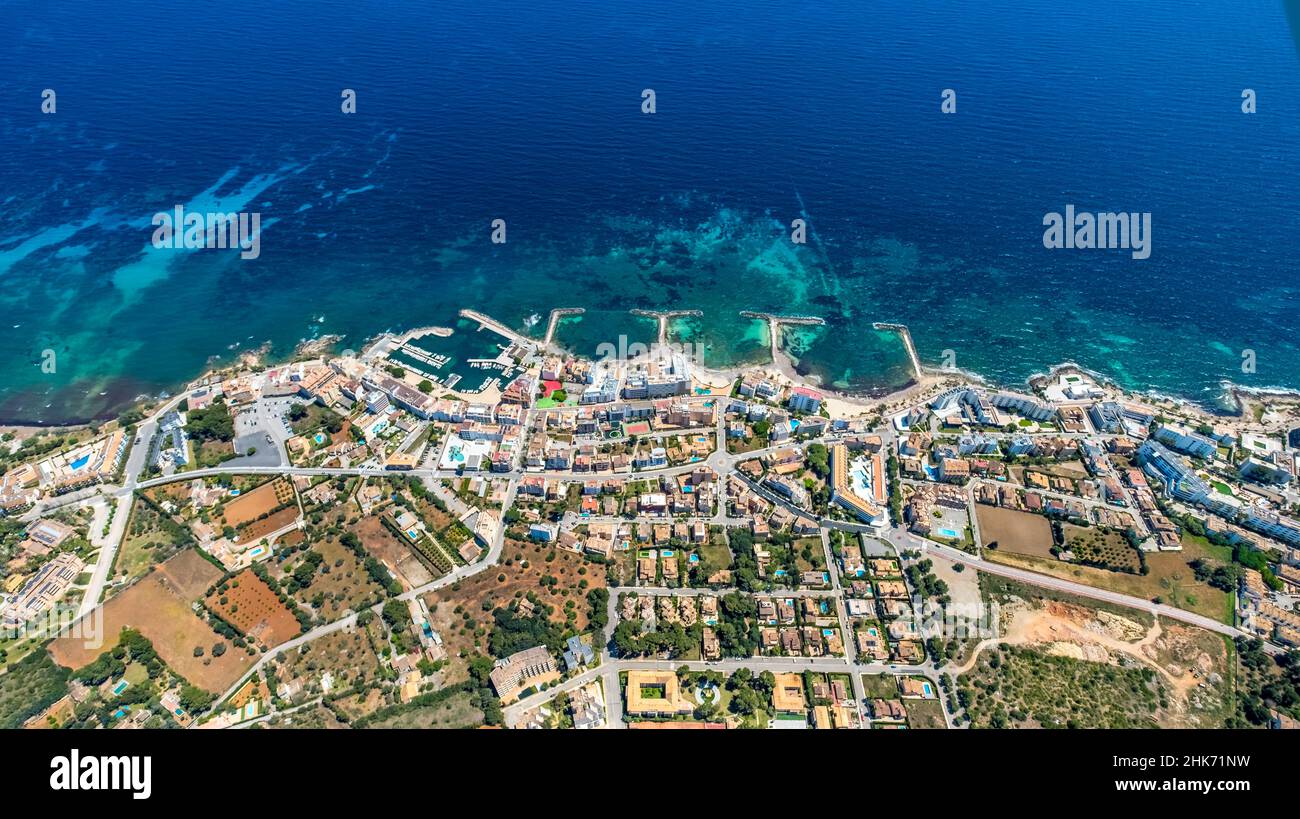Aerial view, village view and beach Cala Bona, Son Servera, Mallorca ...