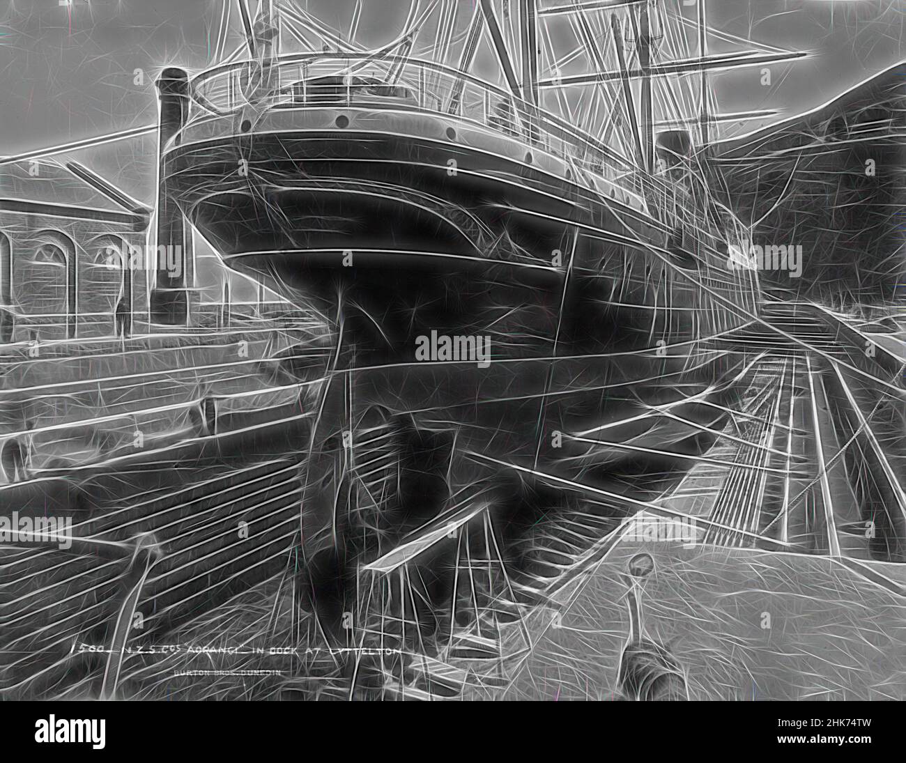 Inspired by N.Z.S. Co.s Aorangi in dock at Lyttleton, Burton Brothers ...