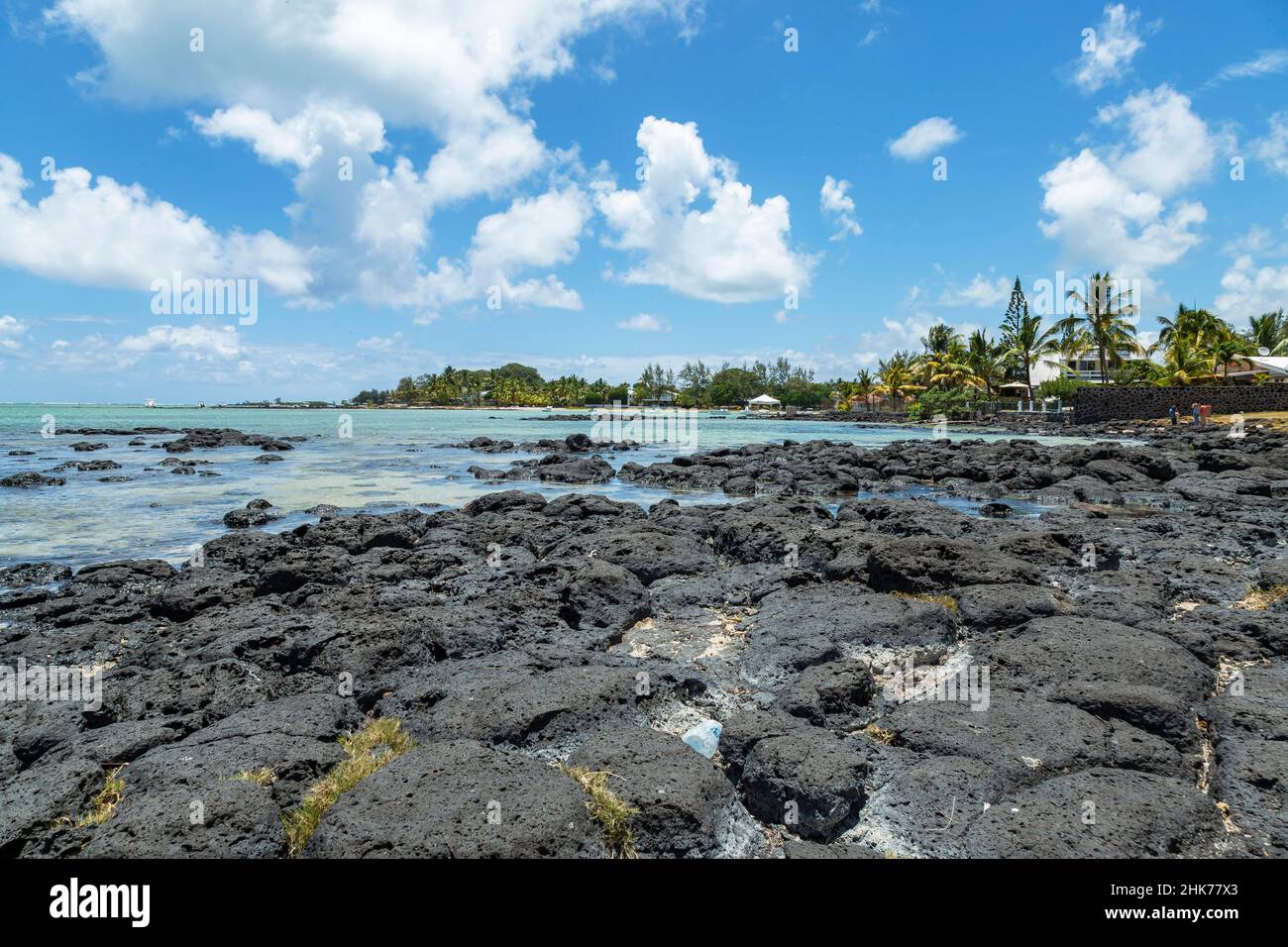 Rocky beach of Grand Gaube in the North of the republic of Mauritius ...