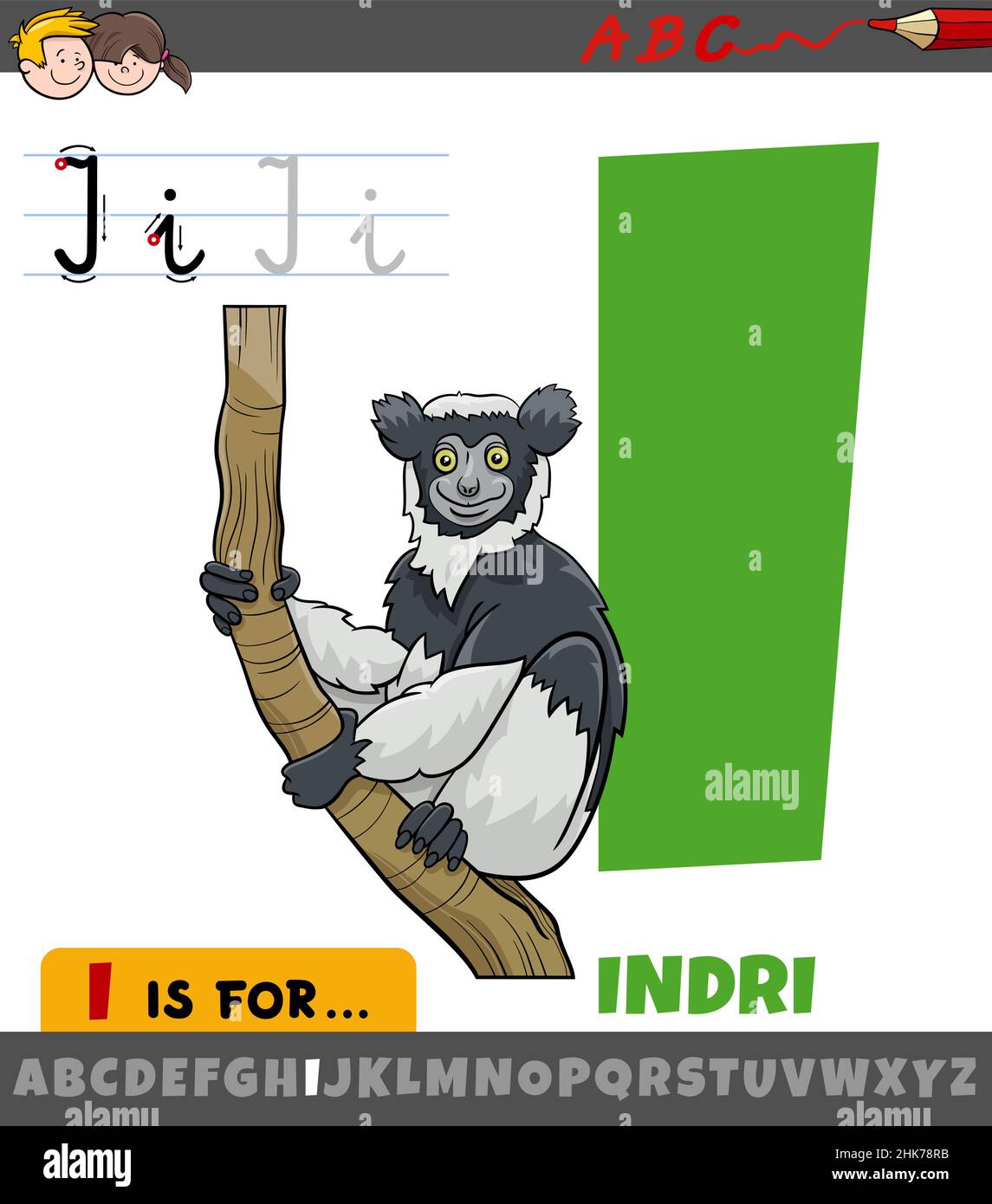 Educational cartoon illustration of letter I from alphabet with indri ...