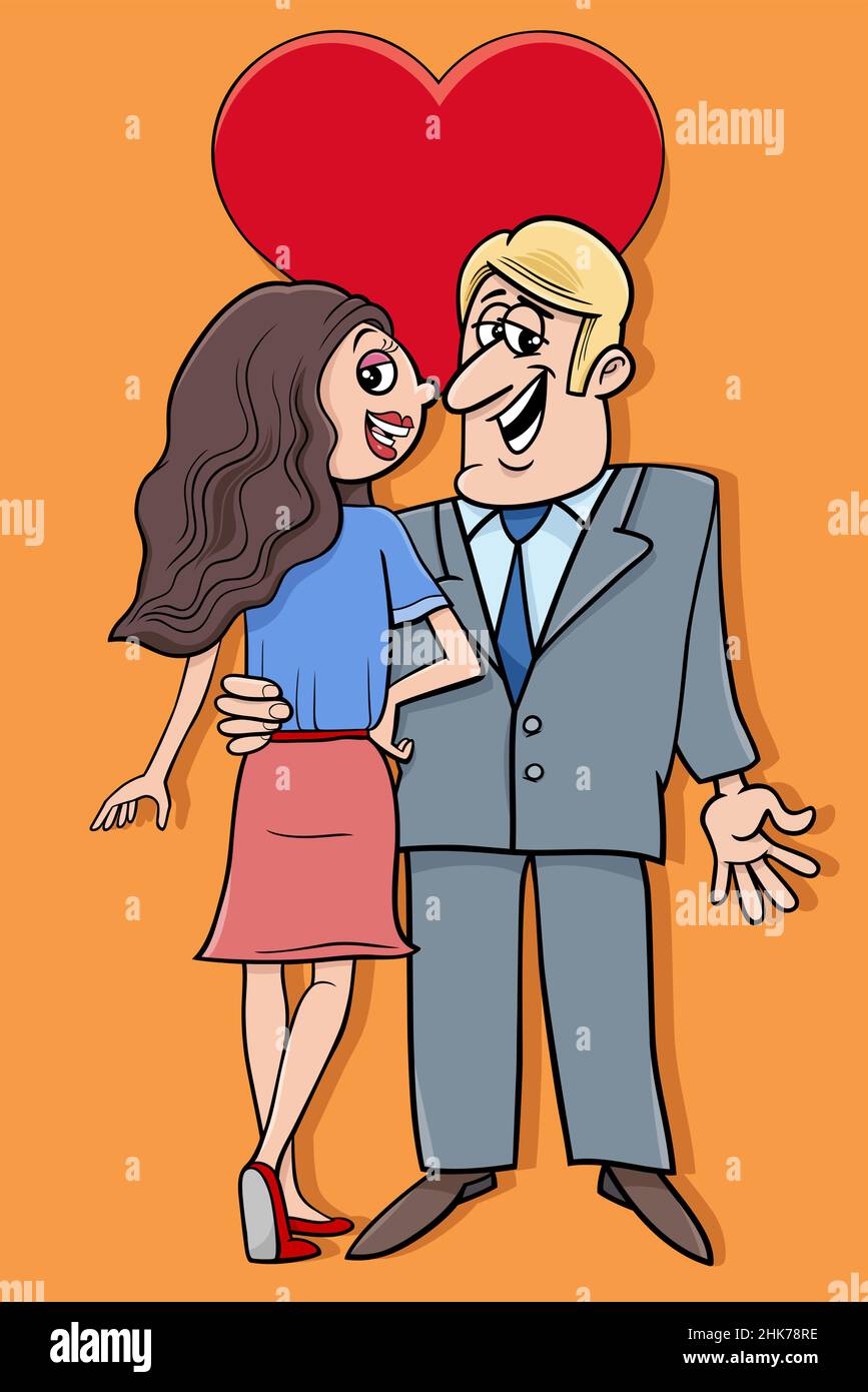 Valentines Day greeting card cartoon illustration with comic couple in ...