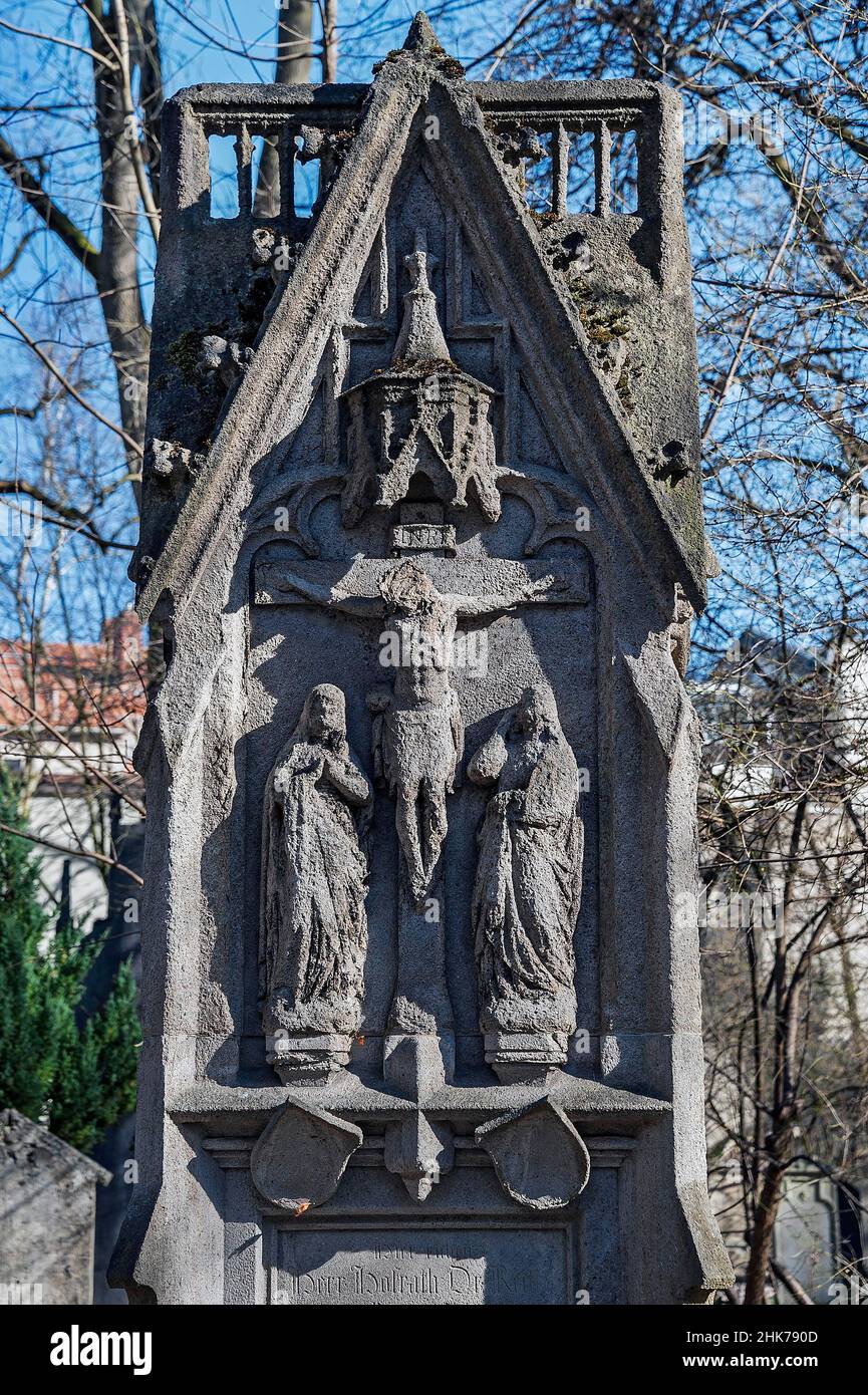 Suedfriedhof, grave eaten away by acid rain, Munich, Bavaria, Germany ...